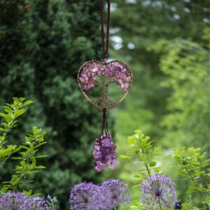 WEWAYSMILE Natural Amethyst Tree of Life Pendant Heart Shaped Tree of Life Charm Red Copper Plated Brass Wires and Nylon Cord for Home Car Ornament Tassel Yoga Healing Lucky Jewelry