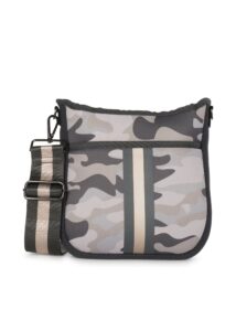 haute shore - jeri safari crossbody tote, green camo w/black & gold stripe