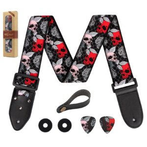 skull guitar strap, jacquard weave embroidered guitar straps, includes strap button & 2 unique picks & 2 strap locks. for bass, electric & acoustic guitars. best gift for men & women guitarists