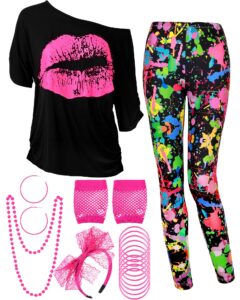 blulu 80s women costume set, t shirt, legging pants earring necklace gloves bracelet（3x-large,shortsleevesprayprinting）