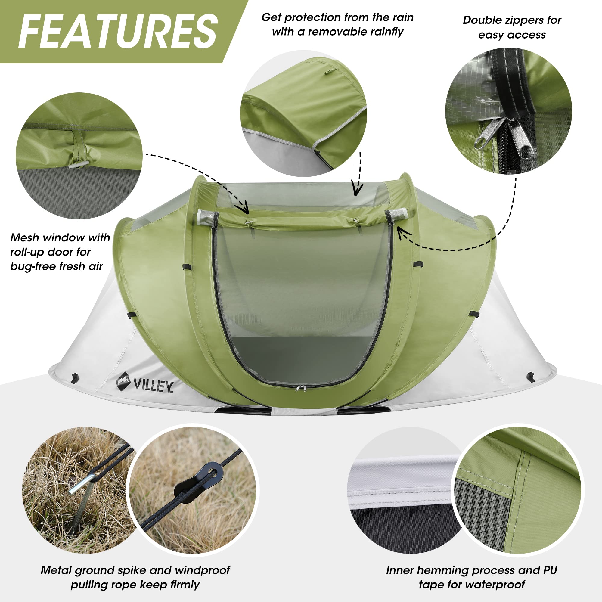 VILLEY 2-Person Easy Pop Up Tent, Waterproof Automatic Setup Instant Lightweight Camping Beach Tent with Carrying Bag for Camping, Hiking & Traveling - Green