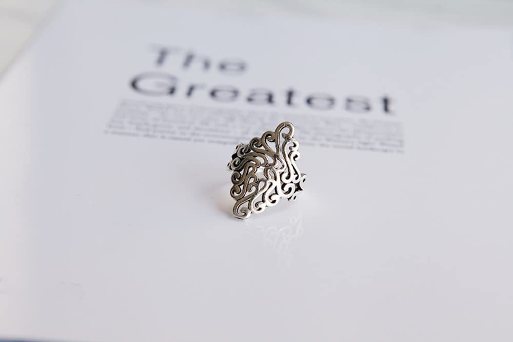 Dtja Filigree Vintage Statement Ring for Women Oxidized Boho Expandable Adjustable Totem Flower Leaves Open Wide Wrap Finger Rings Comfort Fit Bohemian Jewelry