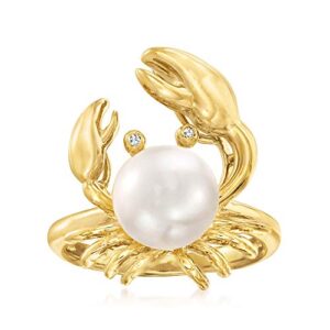 ross-simons 9mm cultured pearl crab ring with diamond accents in 18kt gold over sterling. size 8