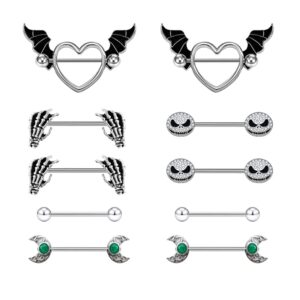 flogwe 14g 316l devil heart nipple rings halloween stainless steel skull bat nipple barbells body pierced jewelry for women men