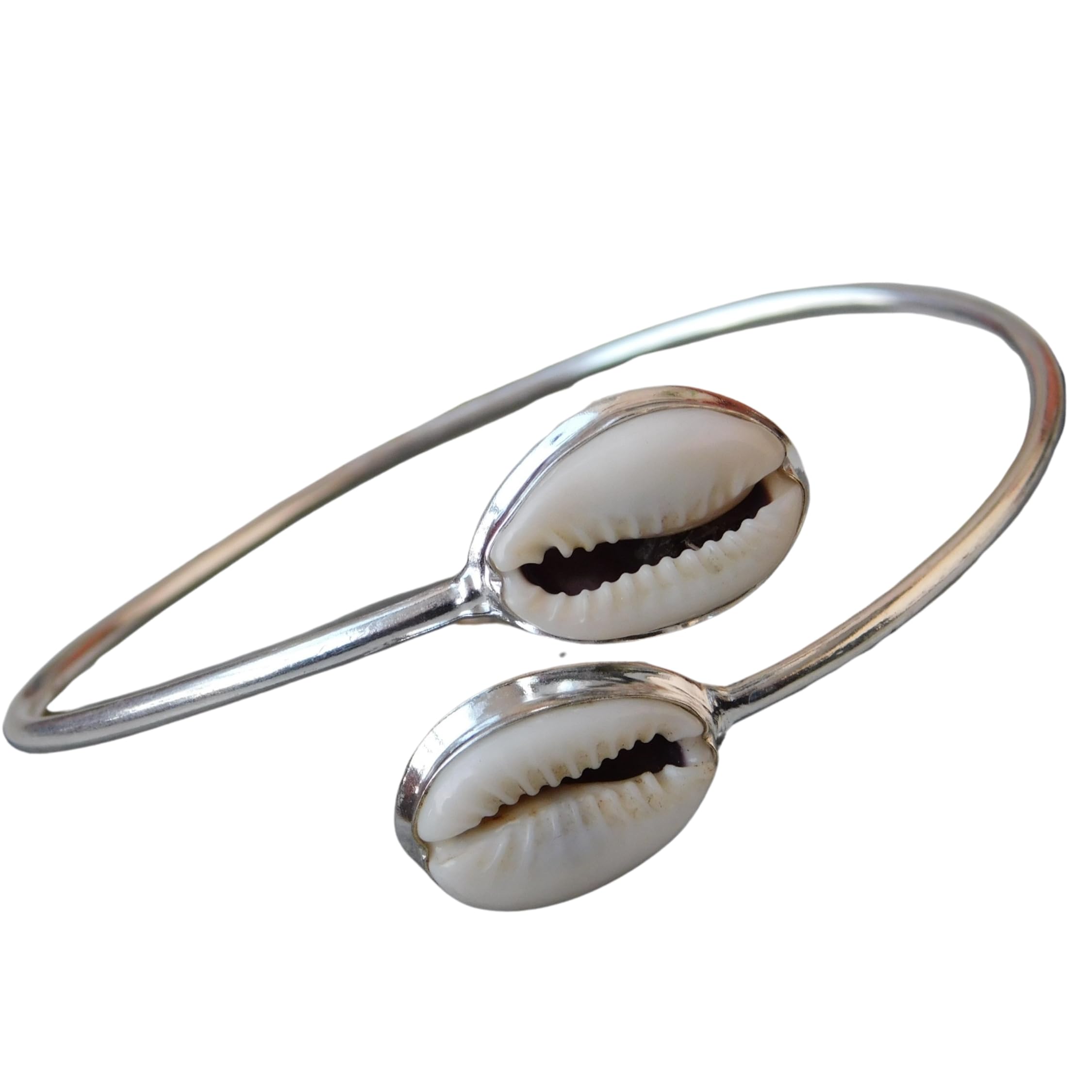 KAPISH INTERNATIONALS Handcrafted Sterling Silver Bangle with Money Cowrie Shell Accent - Adjustable Natural Shell Bracelet for Elegant Jewelry Statement - 2 To 2.5 Inch Adjustable