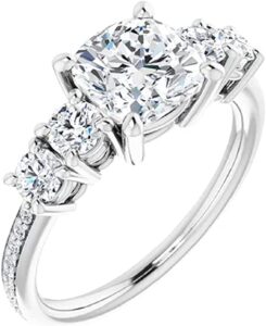 moissanite world cushion cut 3.00ct, vvs1 clarity, moissanite diamond, 925 sterling silver ring, five stone promise ring, bridal ring, engagement ring, party jewelry (5.5)