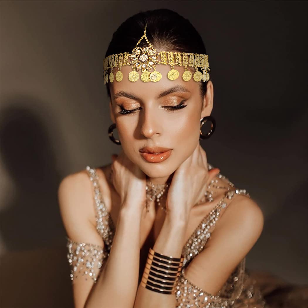 Woeoe Crystals Head Chain Jewelry Gold Retro Headpiece Coin Boho Vintage Belly Dance Prom Costume Hair Chains Accessories for Women