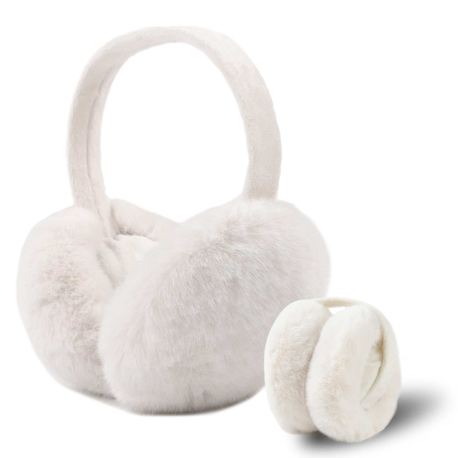 Yuoahcn Women Girls Ear Muffs Fashion Warm Plush Earmuffs Winter Foldable Ear Warmer Windproof Adjustable Earmuff (Milk White)