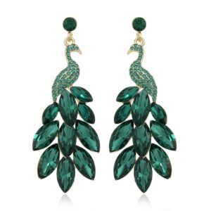 vintage peacock dangle earrings for women girls 14k gold plated green crystal feather peafowl statement drop dangling stud earring boho exaggerated birthday holiday jewelry gifts (green)