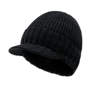 poximi men knit hat women winter beanies warm newsboy hats with brim thick cap fleece lined (black)