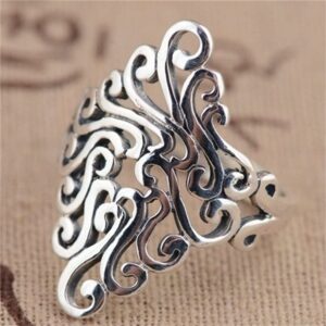 Dtja Filigree Vintage Statement Ring for Women Oxidized Boho Expandable Adjustable Totem Flower Leaves Open Wide Wrap Finger Rings Comfort Fit Bohemian Jewelry