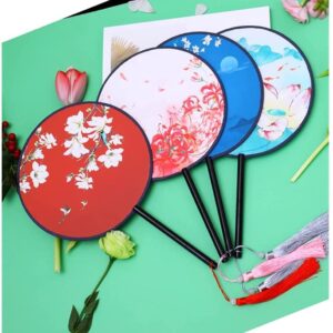 Folding Hand Fan Folding Fan Handheld Folded Fan Double-Sided Circular Fan Chinese Ancient Style Long Handle Tassel Han Chinese Clothing Cheongsam Foldable Fan Hand Held Fans