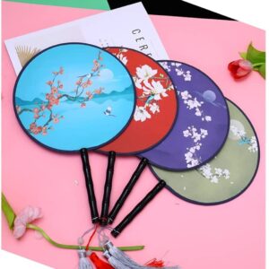 Folding Hand Fan Folding Fan Handheld Folded Fan Double-Sided Circular Fan Chinese Ancient Style Long Handle Tassel Han Chinese Clothing Cheongsam Foldable Fan Hand Held Fans