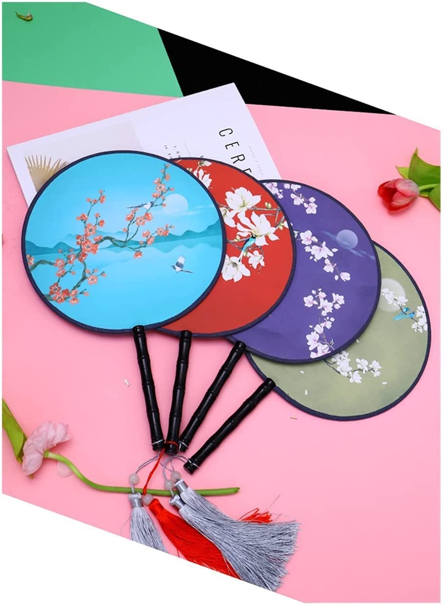 Folding Hand Fan Folding Fan Handheld Folded Fan Double-Sided Circular Fan Chinese Ancient Style Long Handle Tassel Han Chinese Clothing Cheongsam Foldable Fan Hand Held Fans