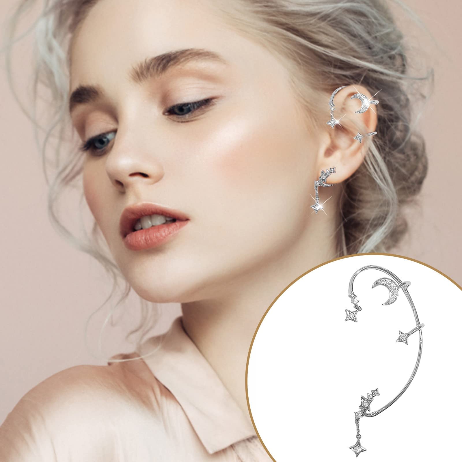 Multiple Earrings Set for Women Star Moon Shape Earrings Ear Clip for Women Girls No Piercing Zircon Star Ear Clips Rhinestone Earrings Cuff Wrap Earrings for Women (A, One Size)