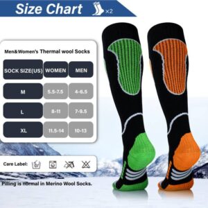 Merino Wool Ski Socks 2 Pairs, Thermal Knee High Warm Socks for Snowboarding, Hiking, Cold Weather, Snow, Hunting