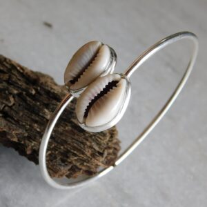 KAPISH INTERNATIONALS Handcrafted Sterling Silver Bangle with Money Cowrie Shell Accent - Adjustable Natural Shell Bracelet for Elegant Jewelry Statement - 2 To 2.5 Inch Adjustable