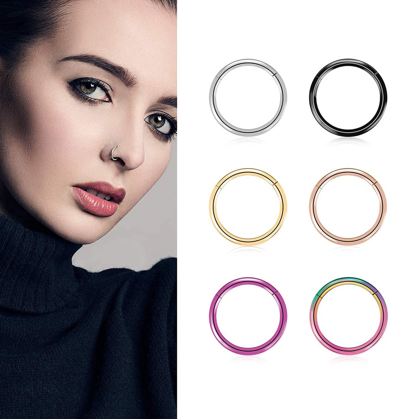 BOGKU 6pcs G23 Titanium Hinged Nose Rings Hoop 20 Gauge 7mm Nose Septum Clicker Segment Rings Cartilage Conch Tragus Helix Rook Hoop Earring Body Piercing Jewelry