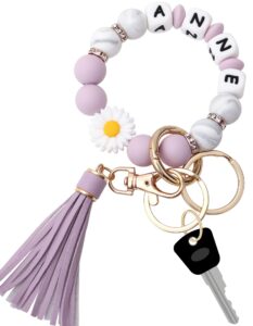 munchewy personalized silicone bead keychain bracelet wristlet, house car keys ring holder tassel daisy flower(lilac/marble)