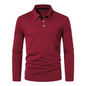 a waterwang men's long sleeve polo shirts, slim-fit cotton golf polo shirts basic designed wine red