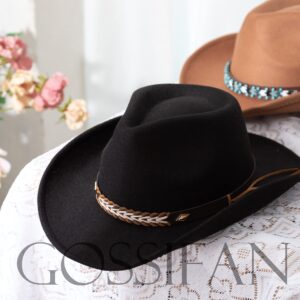 Gossifan Western Cowboy & Cowgirl Hat Felt Wide Brim Women Men Fedora Hats-A Belt Black