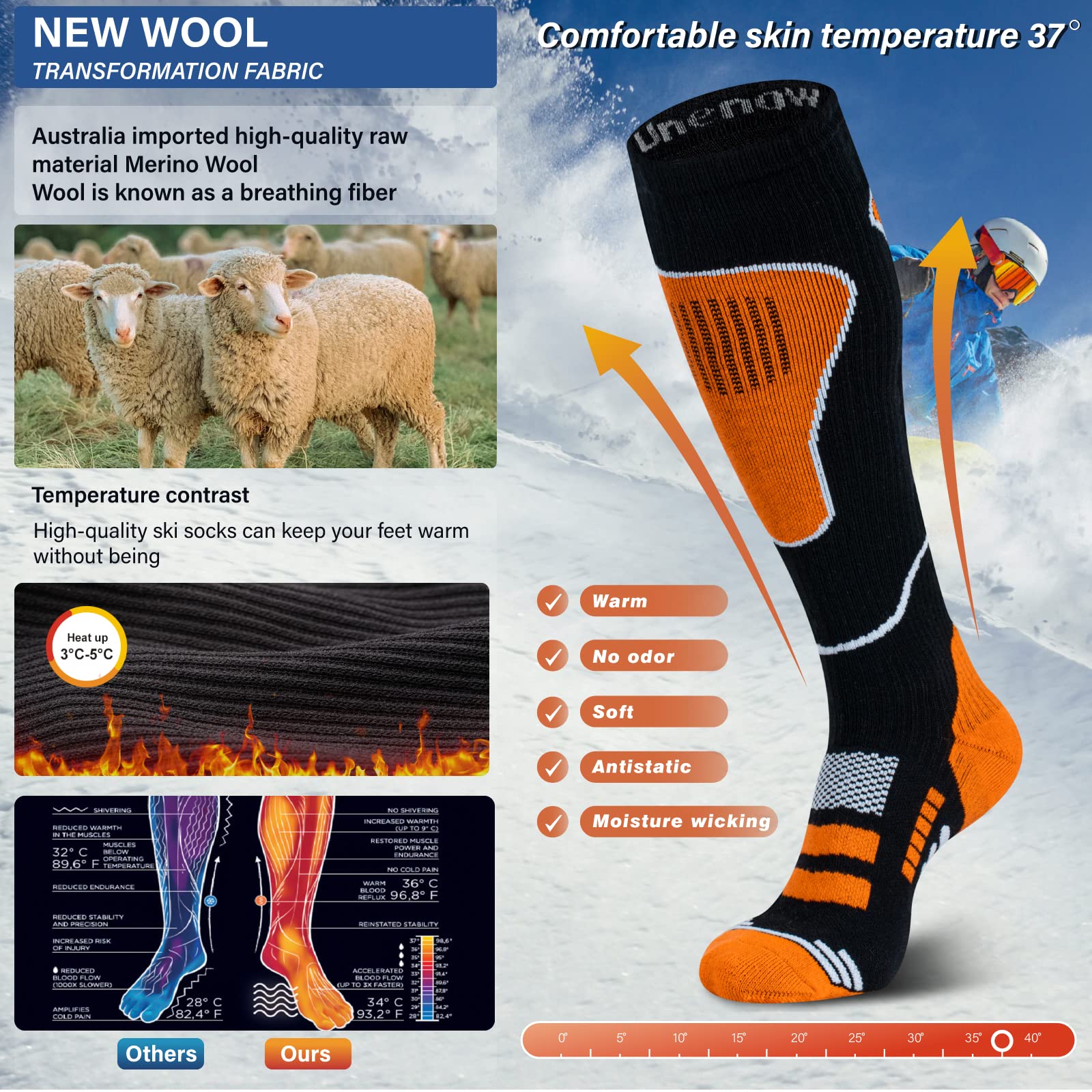 Merino Wool Ski Socks 2 Pairs, Thermal Knee High Warm Socks for Snowboarding, Hiking, Cold Weather, Snow, Hunting