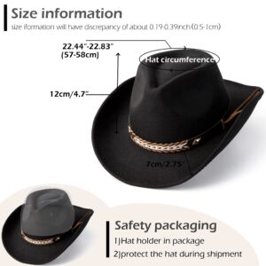 Gossifan Western Cowboy & Cowgirl Hat Felt Wide Brim Women Men Fedora Hats-A Belt Black