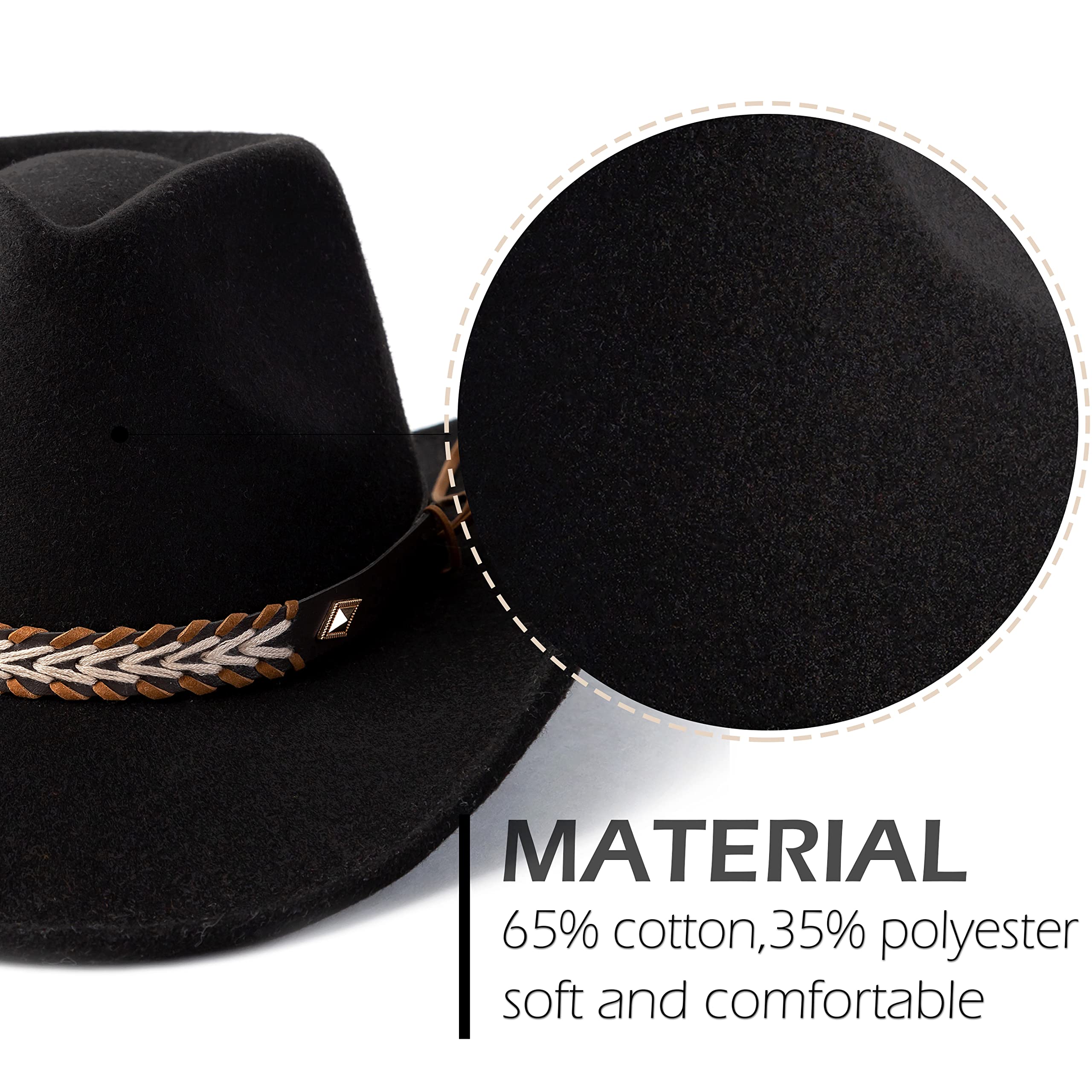 Gossifan Western Cowboy & Cowgirl Hat Felt Wide Brim Women Men Fedora Hats-A Belt Black