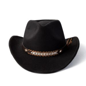 Gossifan Western Cowboy & Cowgirl Hat Felt Wide Brim Women Men Fedora Hats-A Belt Black