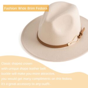 EOGIMI Fashion Women Wide Brim Fedora Floppy Panama Hat with Belt Buckle Beige