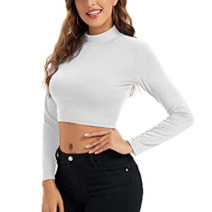 HoneyEcho Cropped Long Sleeve Tops for Women Turtleneck Long Sleeve Undershirts for Women Half Tees for Workout White X-Large