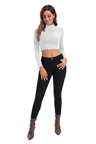 HoneyEcho Cropped Long Sleeve Tops for Women Turtleneck Long Sleeve Undershirts for Women Half Tees for Workout White X-Large