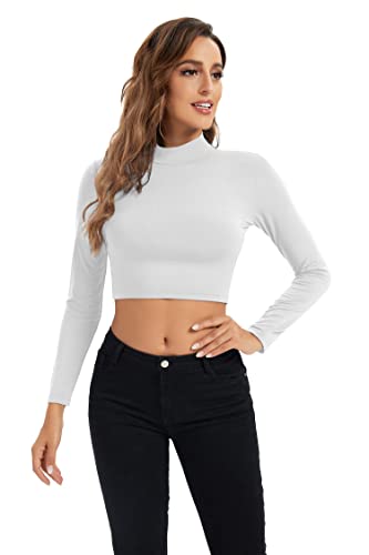 HoneyEcho Cropped Long Sleeve Tops for Women Turtleneck Long Sleeve Undershirts for Women Half Tees for Workout White X-Large