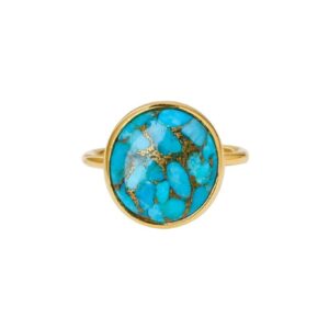 YoTreasure 13x14 MM Blue Copper Turquoise Ring 14k Gold Plated Over 925 Silver Jewelry