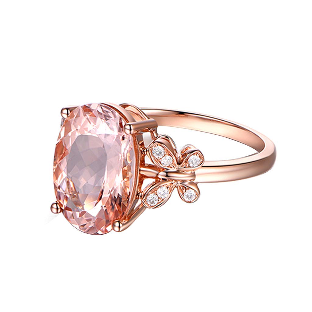 Women Oval Solitaire Ring Pink Simulated Gemstone Wedding Engagement Band CZ Butterfly Zircon Rings Fashion Jewelry (Rose Gold, 9)