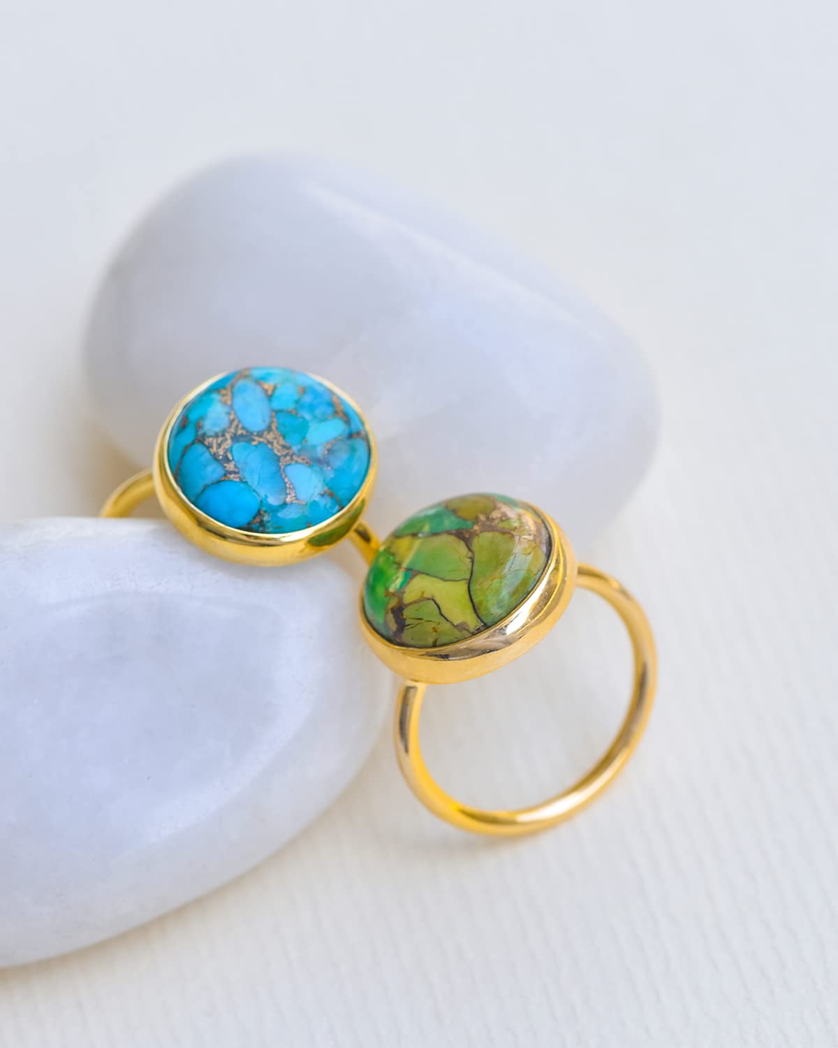 YoTreasure 13x14 MM Blue Copper Turquoise Ring 14k Gold Plated Over 925 Silver Jewelry