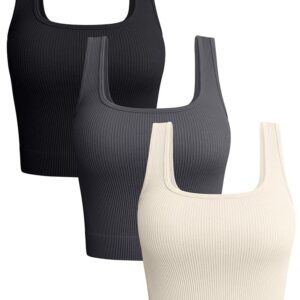 OQQ Women's 3 Piece Tank Tops Ribbed Seamless Workout Exercise Shirts Yoga Crop Tops Black Darkgrey Beige