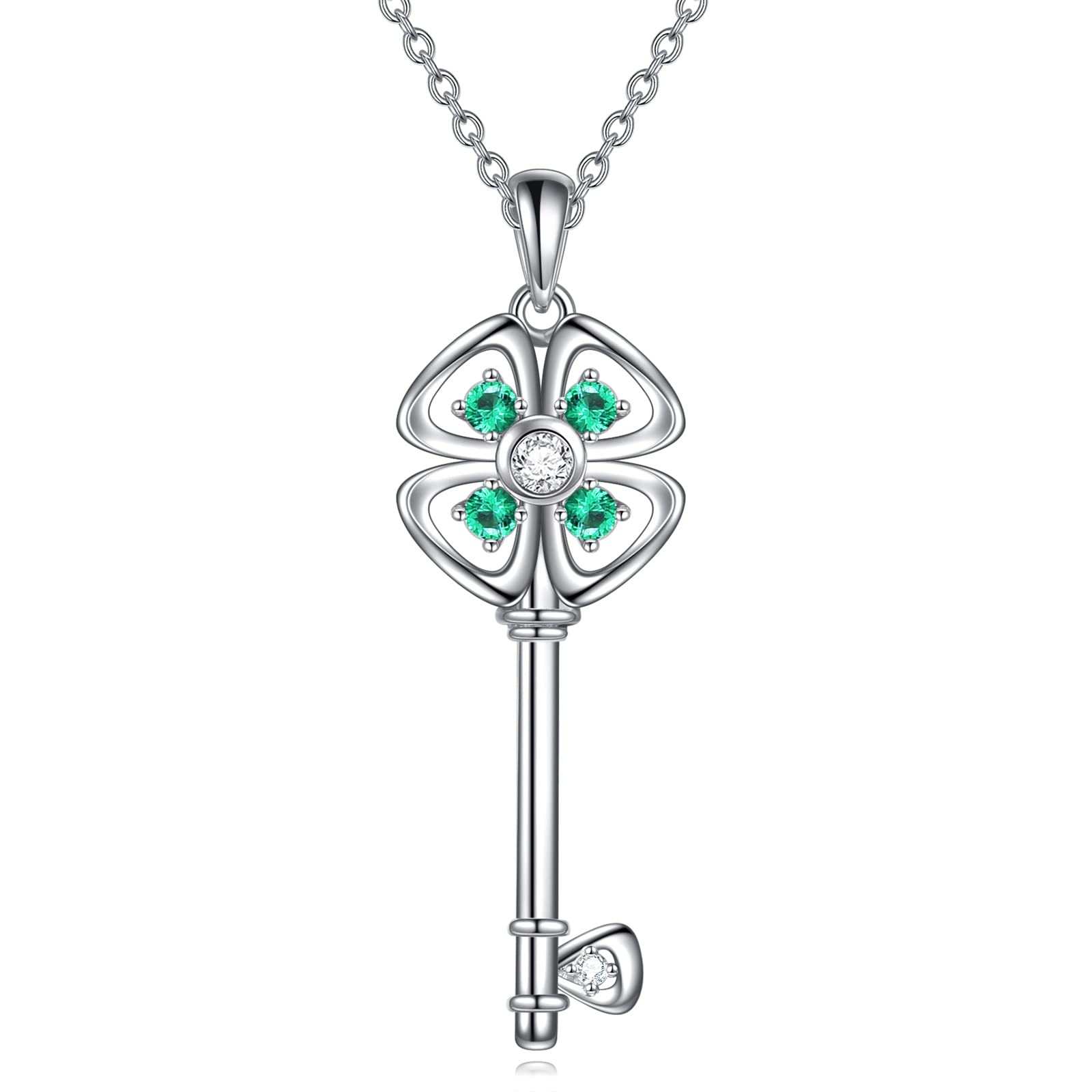 St. Patrick's Day Four Leaf Clover Necklaces Sterling Silver Wiccan Key Jewelry Irish Good Luck Gift for Women(Four Leaf Clover)