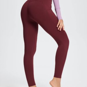 BALEAF Women's Fleece Lined Leggings with Pockets 25" Petite Thermal Winter Warm High Waisted Thick 7/8 Yoga Pants Wine Red S