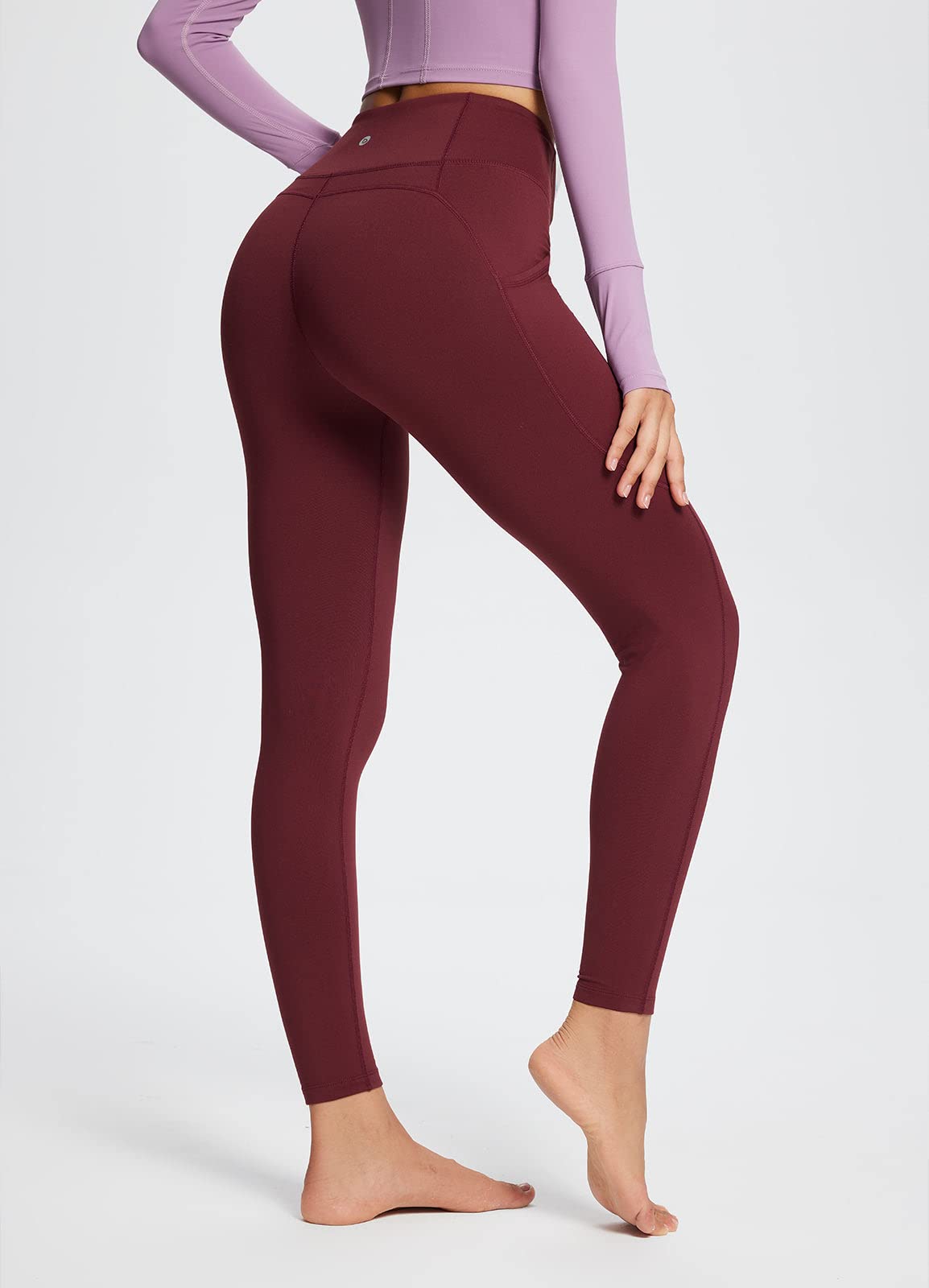 BALEAF Women's Fleece Lined Leggings with Pockets 25" Petite Thermal Winter Warm High Waisted Thick 7/8 Yoga Pants Wine Red S