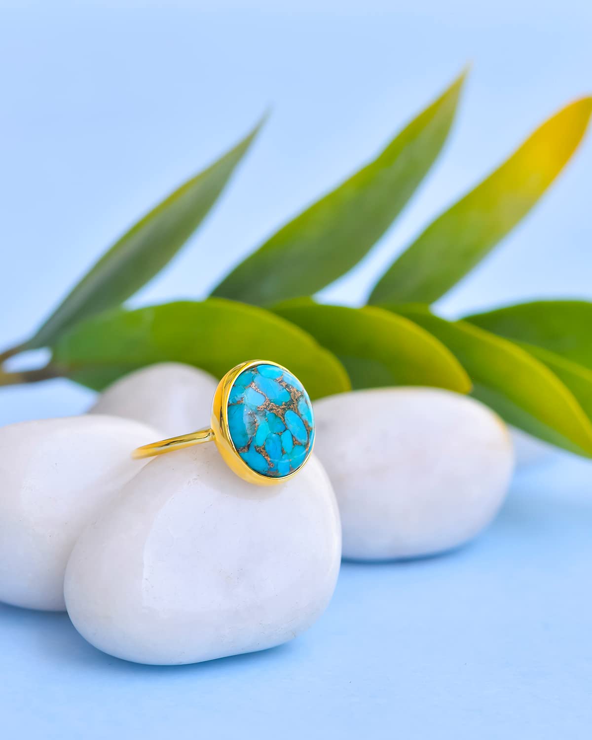 YoTreasure 13x14 MM Blue Copper Turquoise Ring 14k Gold Plated Over 925 Silver Jewelry