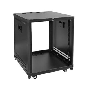 riveco pomu 12u network & stereo rack with caster wheels, rolling server rack open cabinet for 19 inches audio video musical & it equipment mounting, round & square holes, build in handles heavy duty