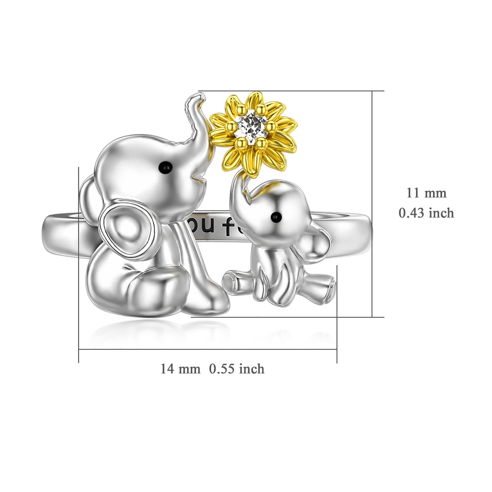 Women Elephant Ring Mother and Child Animal with Sunflowers Ring for Mom Statement Ring (A, 5)