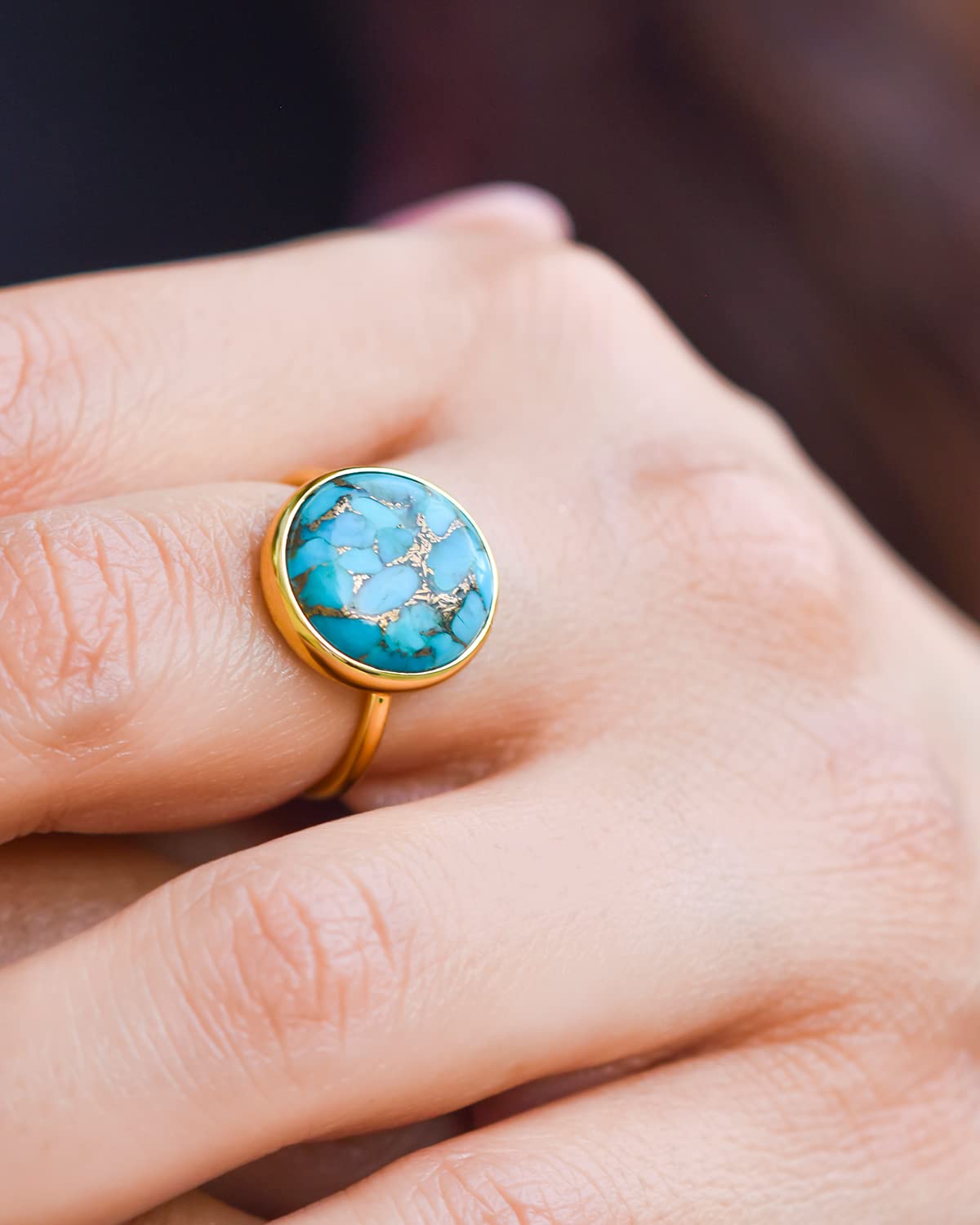 YoTreasure 13x14 MM Blue Copper Turquoise Ring 14k Gold Plated Over 925 Silver Jewelry