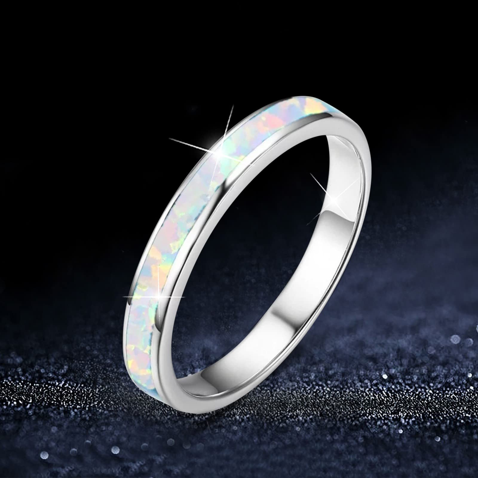 Fashion Jewelry Women Wedding Ring Crushed Created Opal Inlay Engagement Bands Promise Stackable Band (White, 7)