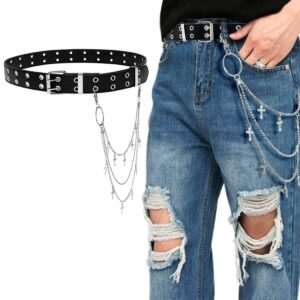 jemiwa grommet leather belt with detachable chain punk aesthetic waist belt rock style jeans belt chains (e)