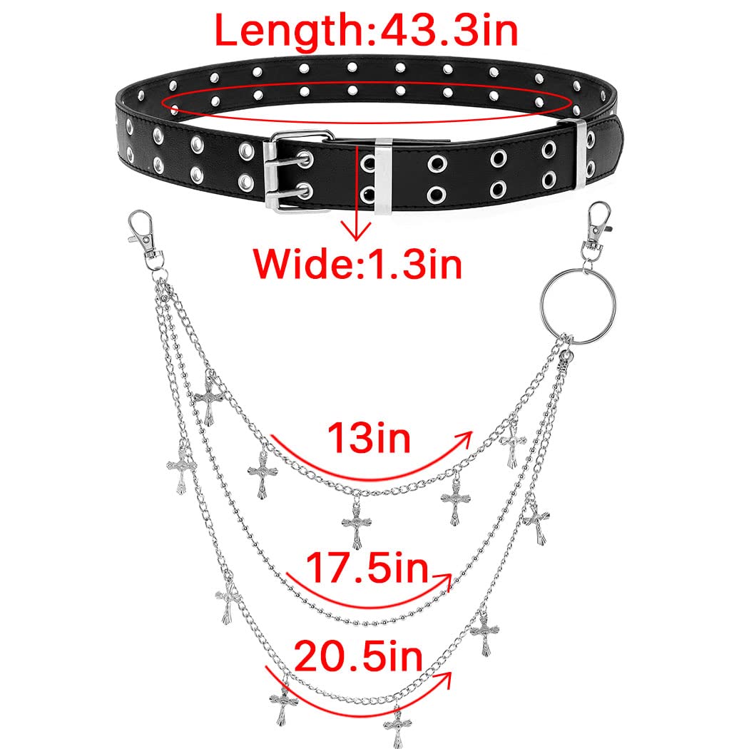 Jemiwa Grommet Leather Belt with Detachable Chain Punk Aesthetic Waist Belt Rock Style Jeans Belt Chains (E)