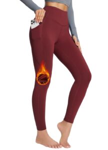 baleaf women's fleece lined leggings with pockets 25" petite thermal winter warm high waisted thick 7/8 yoga pants wine red s