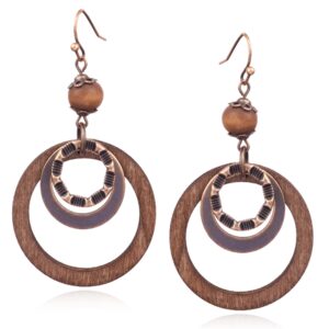 handmade lightweight vintage bohemian bronze bamboo circle hoop dangle drop earrings with nature bead for women statement jewelry gifts (brown 3)