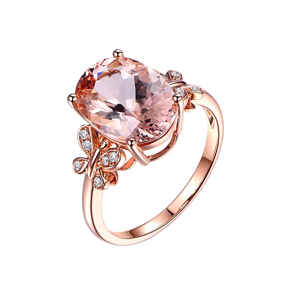 Women Oval Solitaire Ring Pink Simulated Gemstone Wedding Engagement Band CZ Butterfly Zircon Rings Fashion Jewelry (Rose Gold, 9)